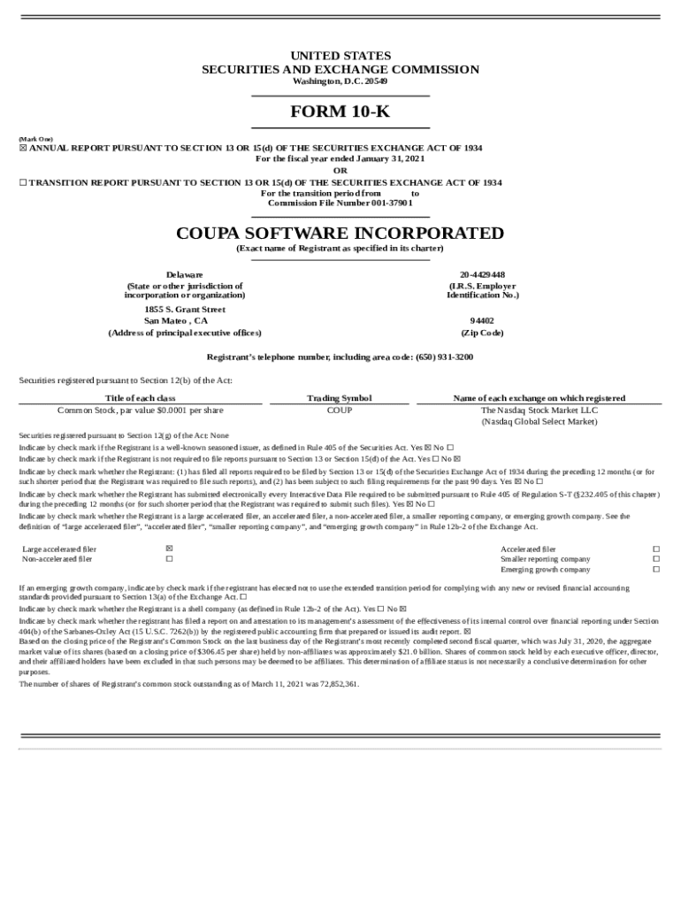 Fillable Online FORM 10-K COUPA SOFTWARE INCORPORATED Fax Email Print - pdfFiller