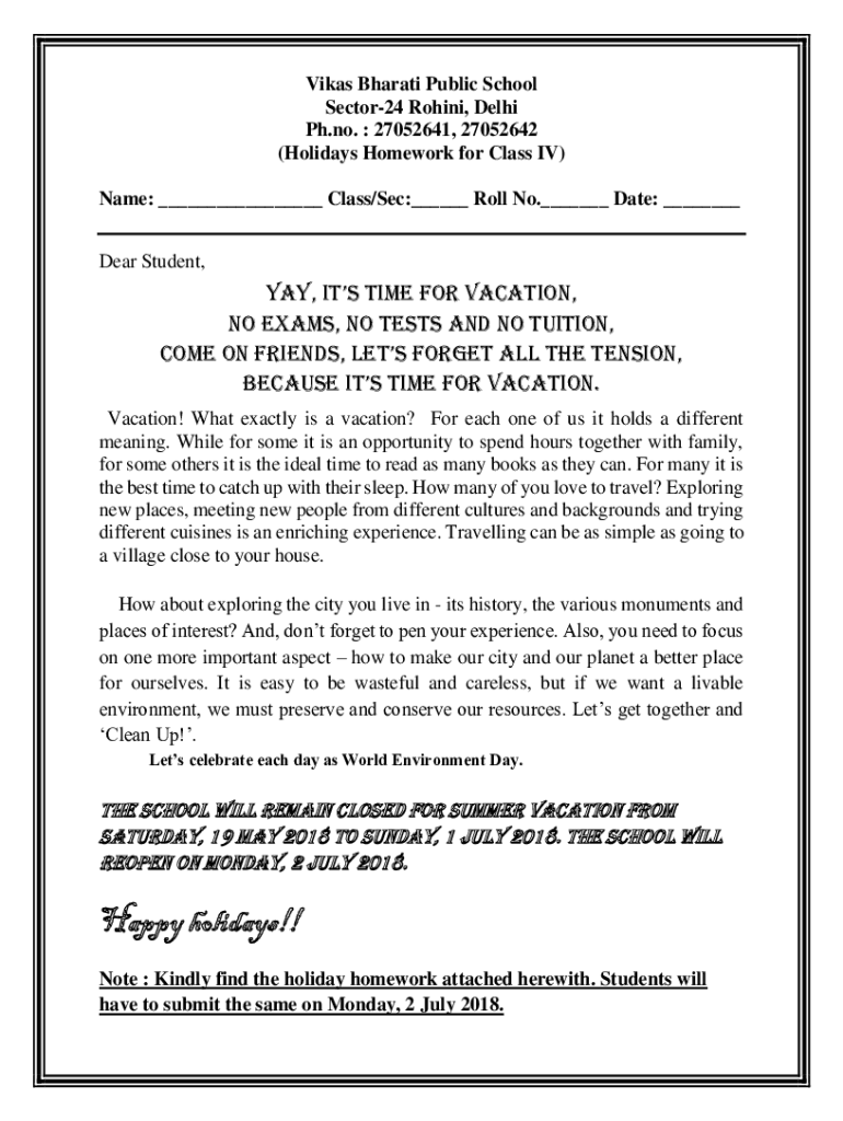 Fillable Online 85. Session 2020-2021 (Holiday Homework for class IV ...