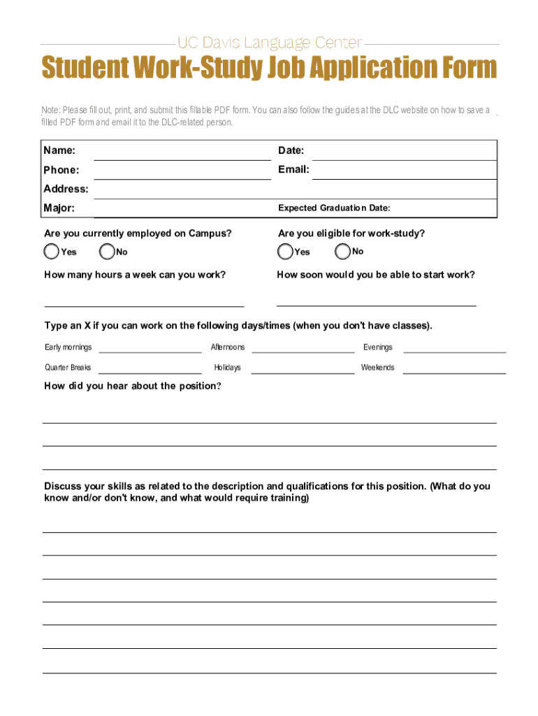 Fillable Online ucdlc ucdavis Student Work-Study Job Application Form ...