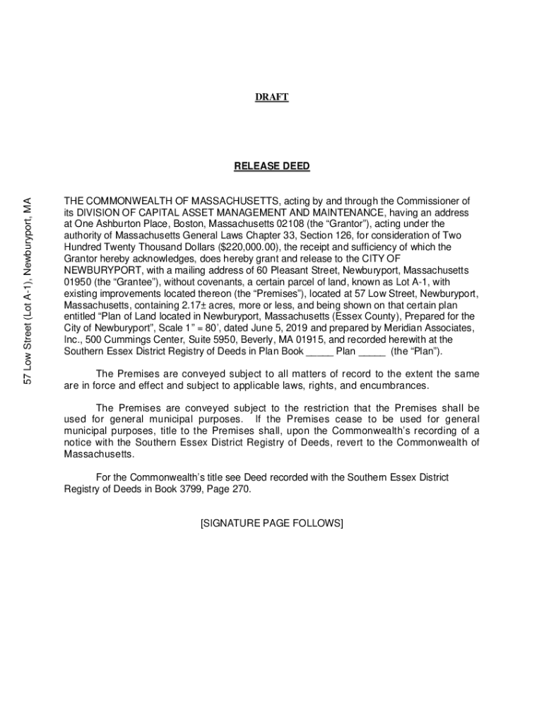 Fillable Online DRAFT RELEASE DEED THE COMMONWEALTH OF ... Fax Email Print - pdfFiller