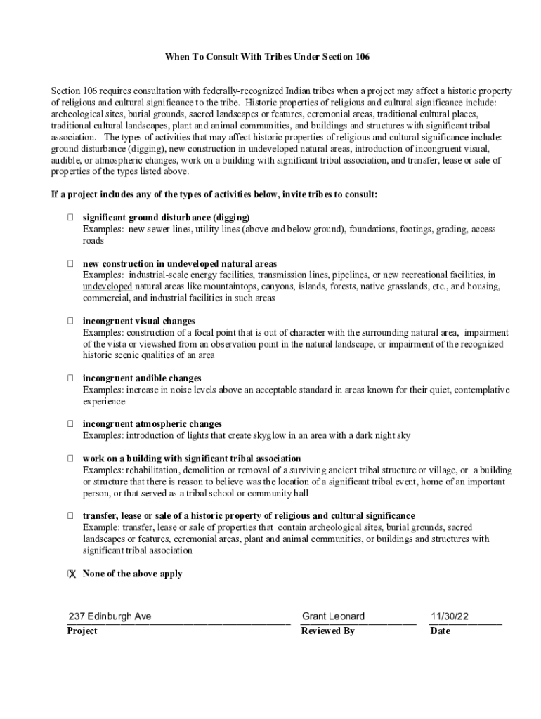 Fillable Online When To Consult With Tribes Under Section 106 Checklist ...