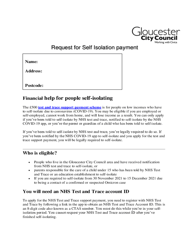 Fillable Online Request for Self Isolation payment - Gloucester City ...
