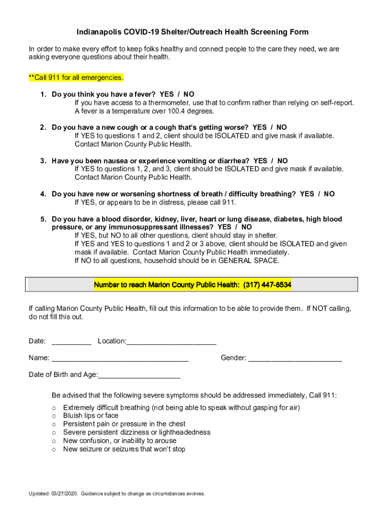 Fillable Online Indianapolis COVID-19 Shelter/Outreach Health Screening ...