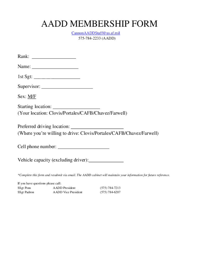 Fillable Online AADD Membership Form - Cannon Air Force Base Fax Email ...