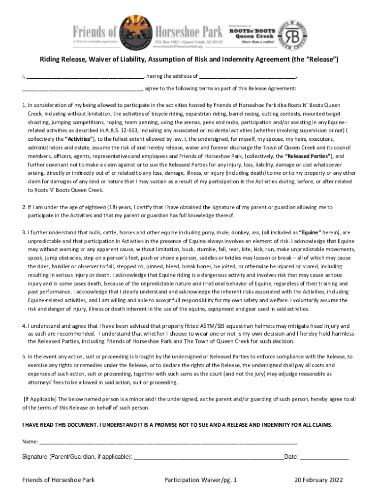 Fillable Online Riding Release, Waiver of Liability, Assumption of Risk ...