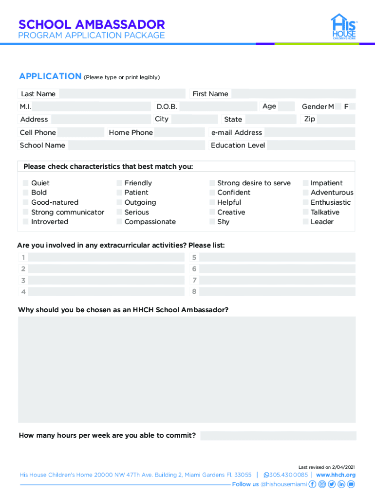 Fillable Online SCHOOL AMBASSADOR PROGRAM APPLICATION PACKAGE.cdr Fax Email Print - pdfFiller