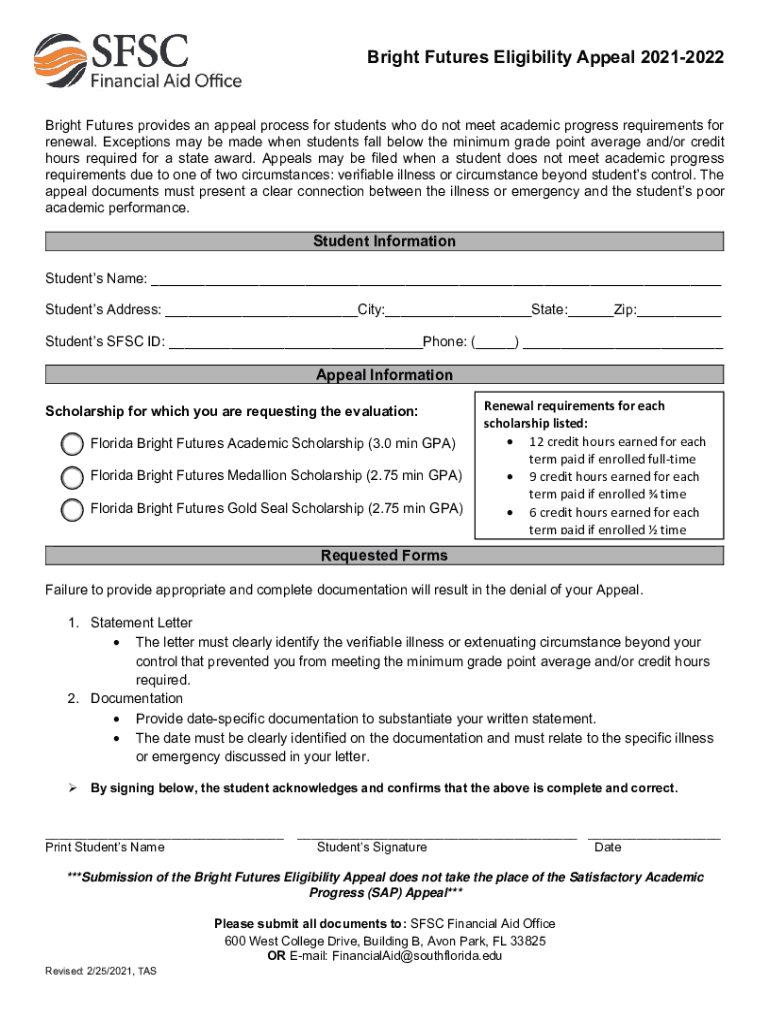 Fillable Online Bright Futures provides an appeal process for students ...