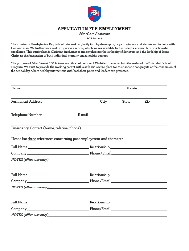 Fillable Online Application for Employment - AfterCare-2 - Presbyterian ...