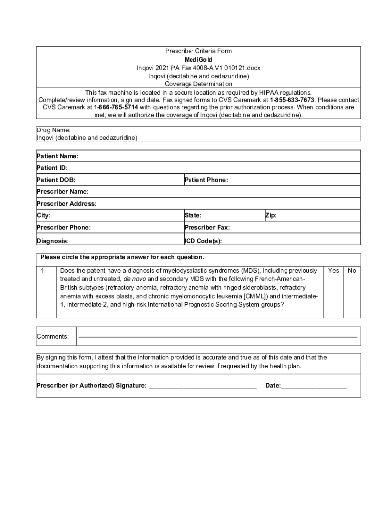 Fillable Online Prescriber Criteria Form MediGold Inqovi 2021 PA Fax ...