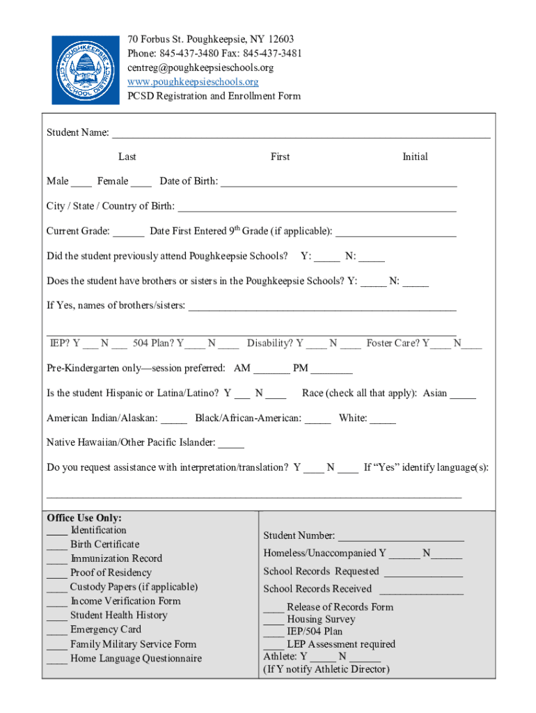 Fillable Online Poughkeepsie City School District Registration form ...