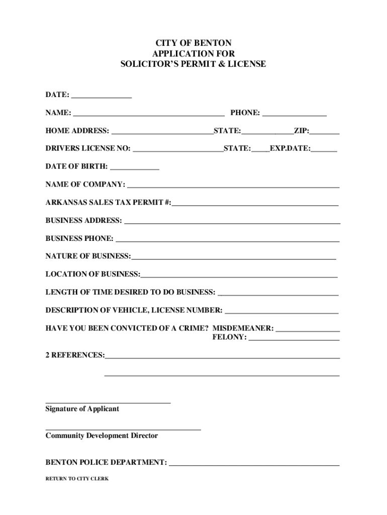 Fillable Online Solicitor Permit License Application - City of Benton ...