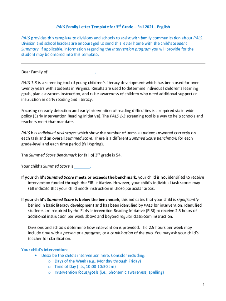 Fillable Online 1 PALS Family Letter Template for 1st Grade -Mid Year 2022 Fax Email Print ...