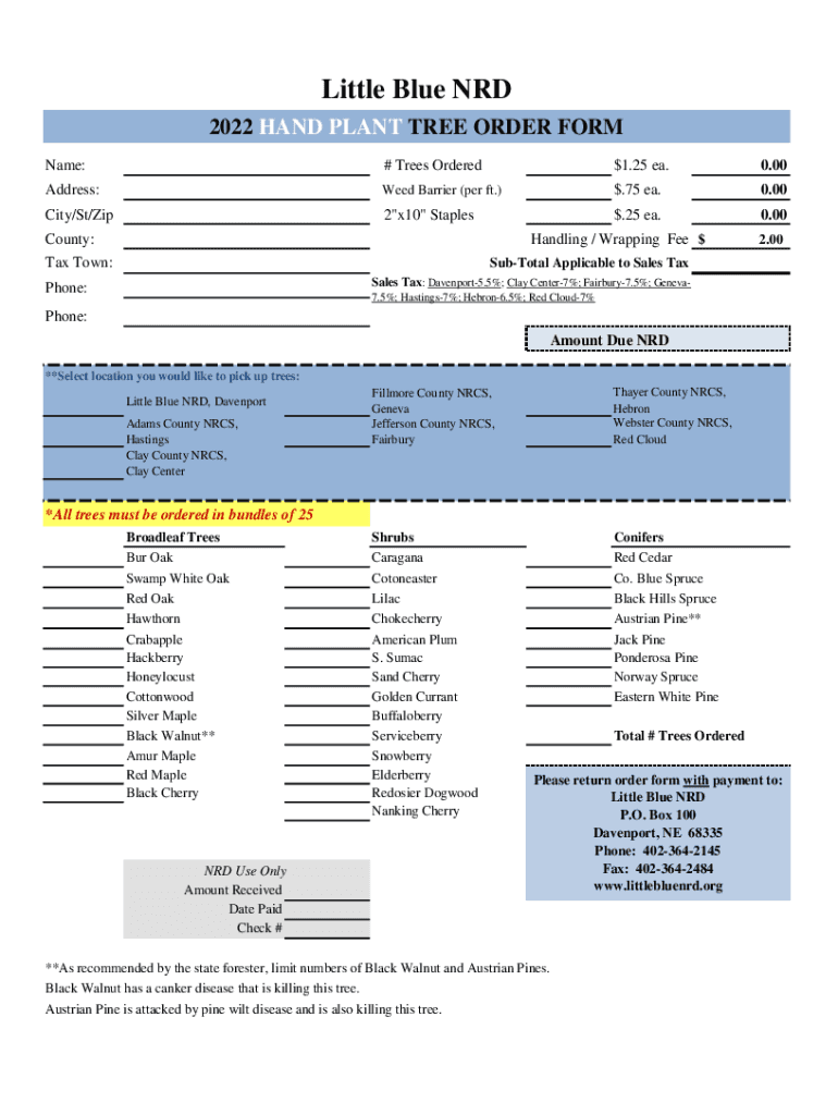 Fillable Online 2022 Hand Plant Tree Order Form - Little Blue NRD Fax ...