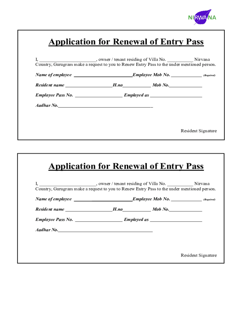 Fillable Online Application for Renewal of Entry Pass - Nirvana Country ...