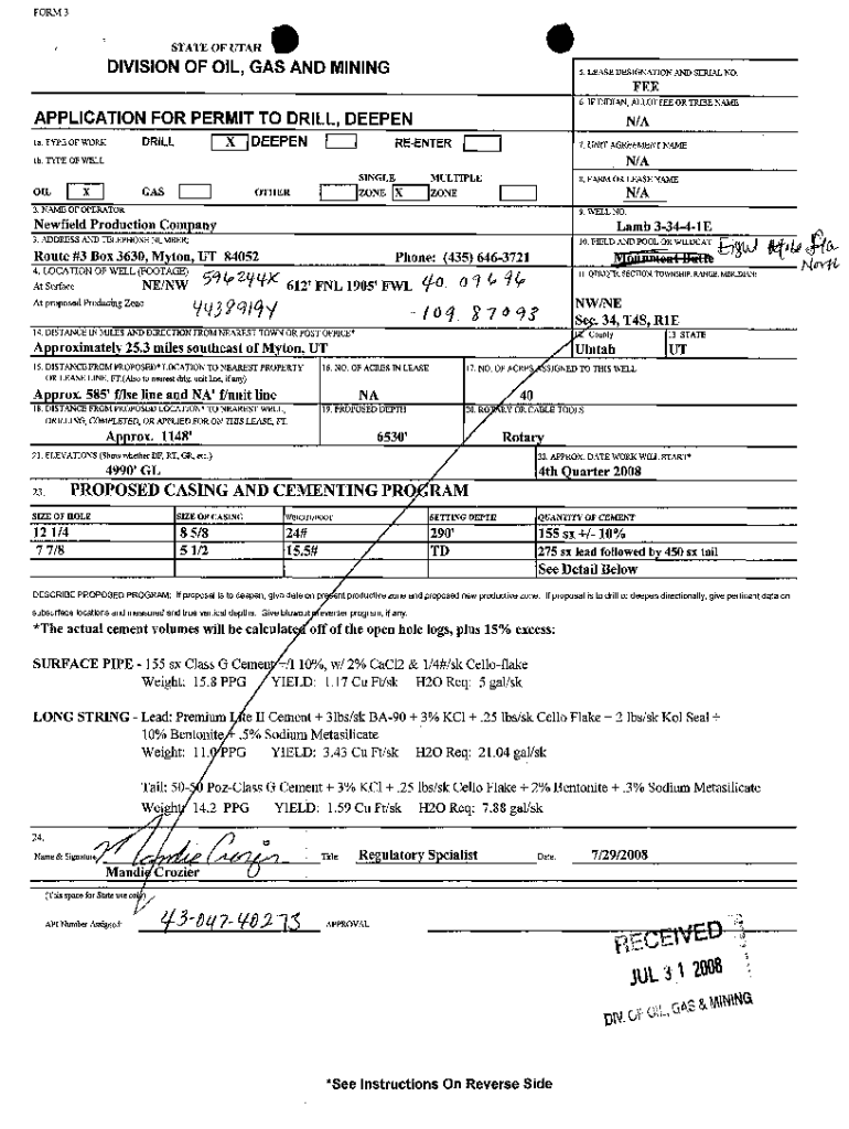 Fillable Online APPLICATION FOR PERMITTO DRILL ... - Utah - Oil and Gas ...