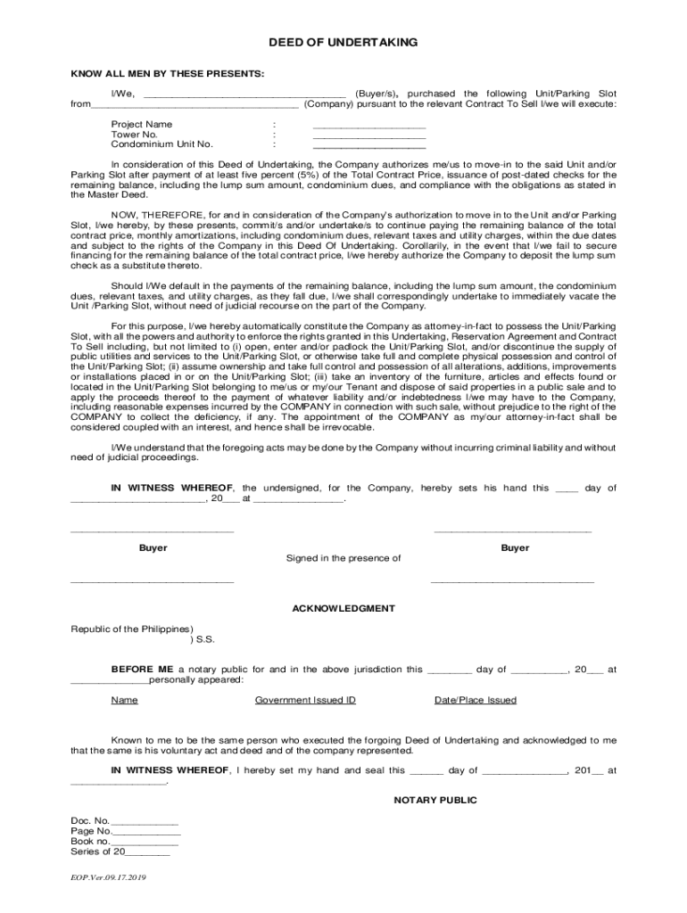 Fillable Online DEED OF UNDERTAKING - Manila Condo Hub SMDC Fax Email Print - pdfFiller