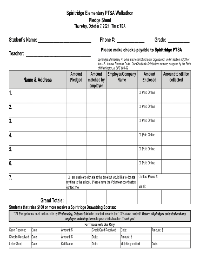 Fillable Online Spiritridge Elementary PTSA Walkathon Pledge Sheet Fax ...