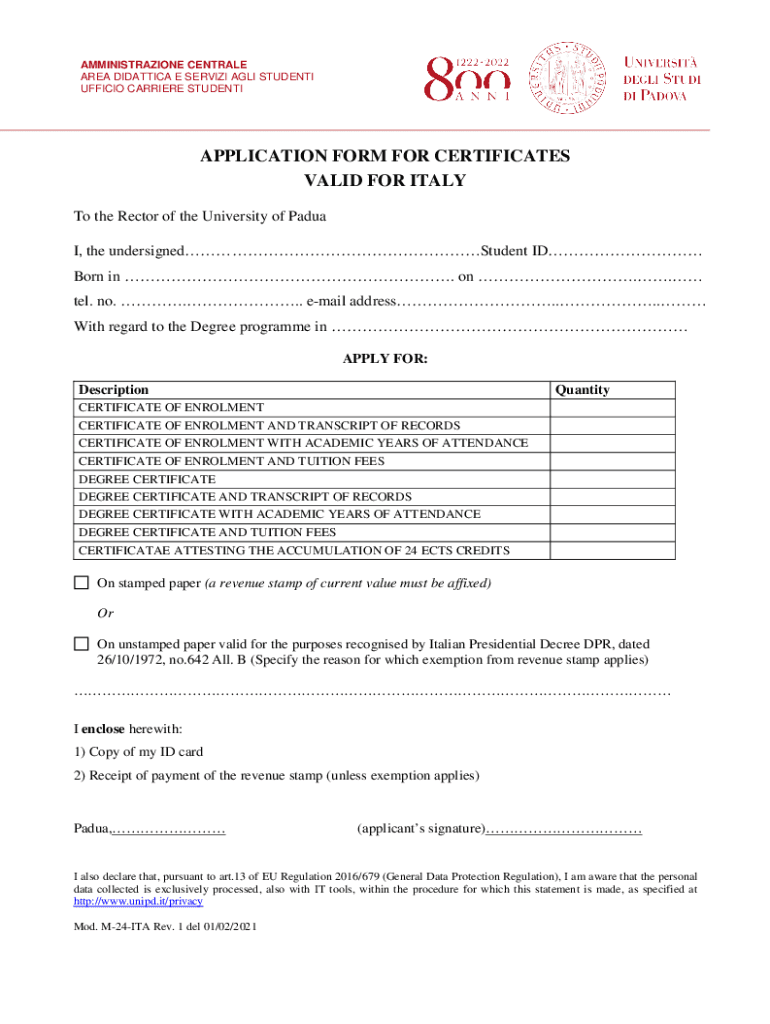 Fillable Online APPLICATION FORM FOR CERTIFICATES VALID FOR ITALY Fax ...