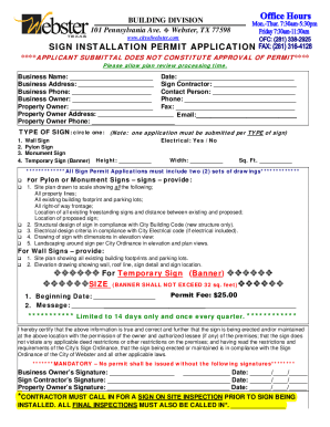 Fillable Online Sign Installation Permit Application - City of Webster ...