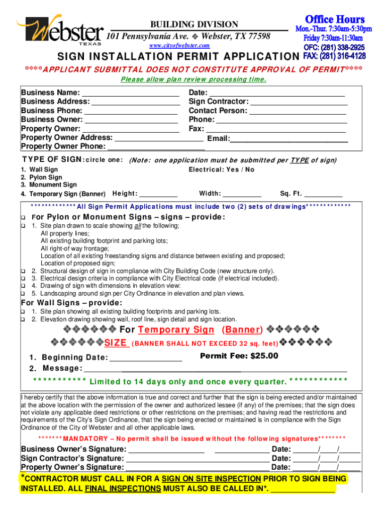 Fillable Online Sign Installation Permit Application - City of Webster ...
