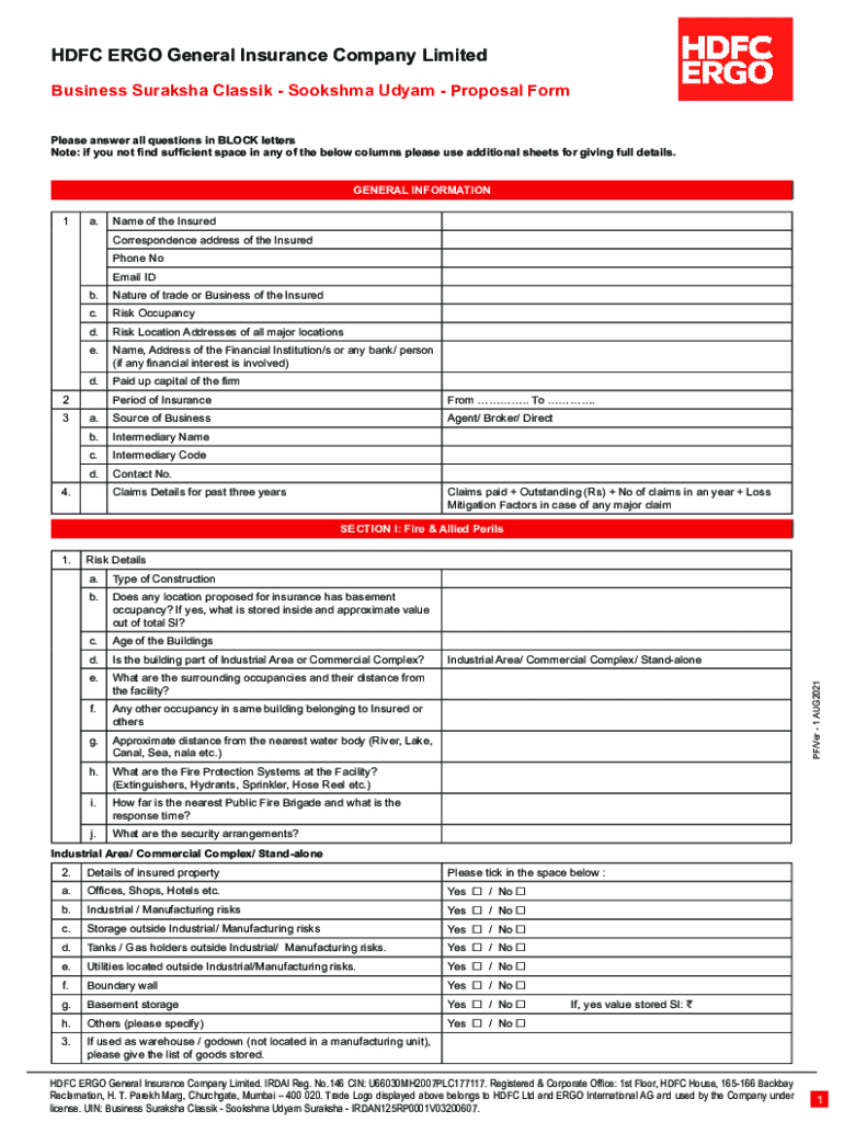 Fillable Online Business Suraksha Plus- Proposal Form (V1).cdr - HDFC Ergo Fax Email Print ...