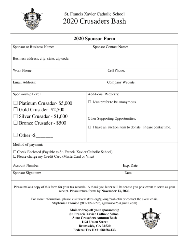 Fillable Online sponsorship form - St Francis Xavier Catholic School ...