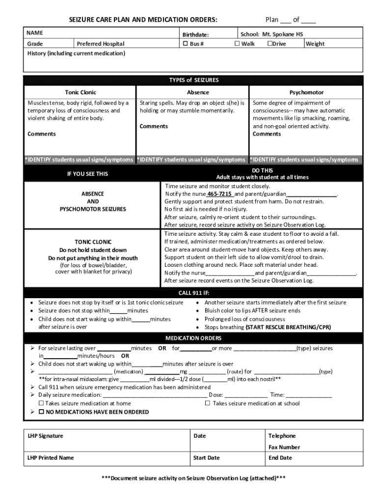 Fillable Online Seizure Emergency Care Plan and Medication Orders for ...