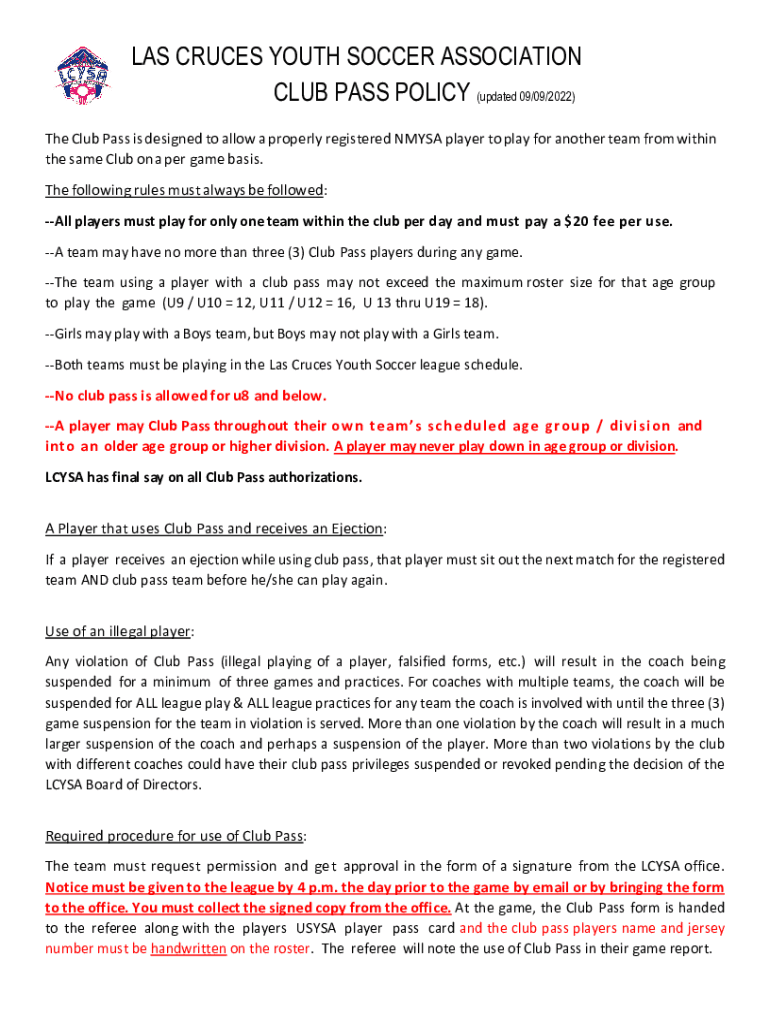 Fillable Online LAS CRUCES YOUTH SOCCER ASSOCIATION CLUB PASS ... Fax ...