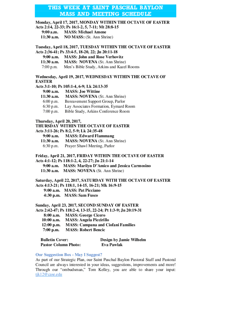 Fillable Online Weekly Readings - St. Pascal Baylon Catholic Church Fax Email Print - pdfFiller