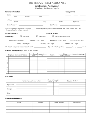 Fillable Online Butera's Restaurants Employment Application Fax Email ...