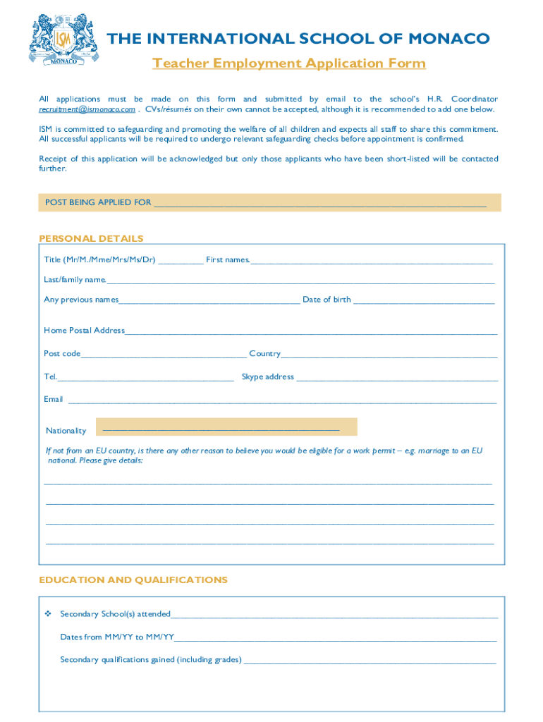 Fillable Online TEACHER EMPLOYMENT APPLICATION FORM - ismonaco.org Fax ...