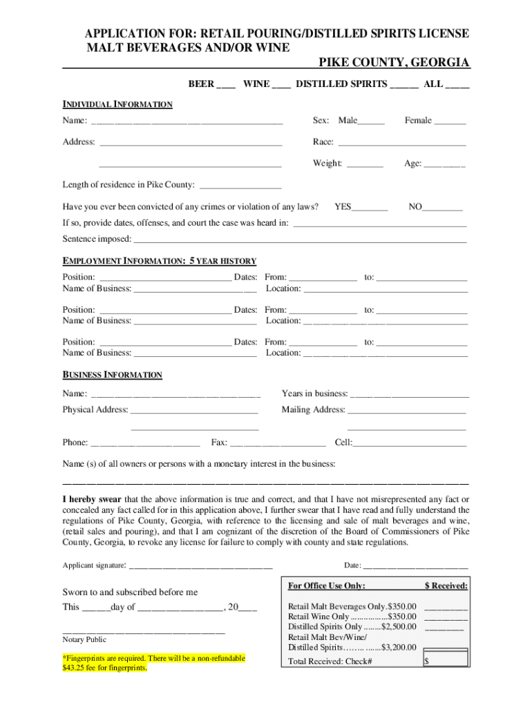Fillable Online application for: retail pouring/distilled spirits ...