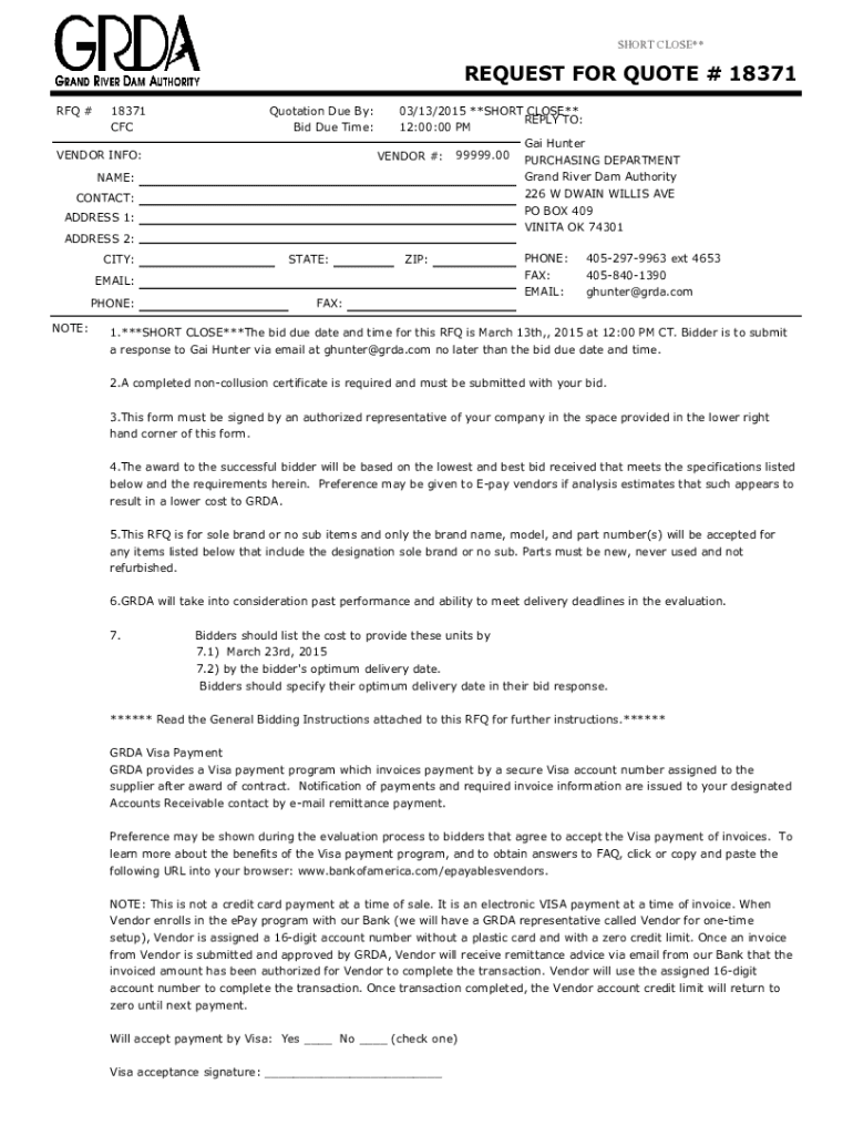 Fillable Online REQUEST FOR QUOTE # 18371 - GRDA Fax Email Print ...