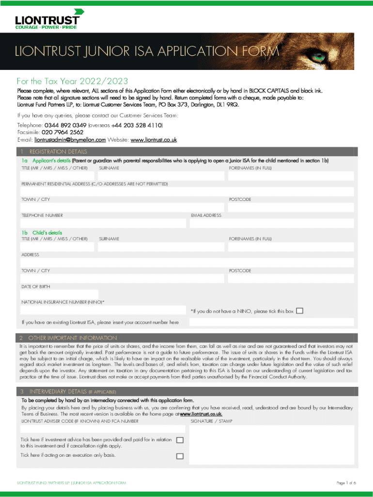Fillable Online Liontrust Junior ISA Application Form Fax Email Print ...