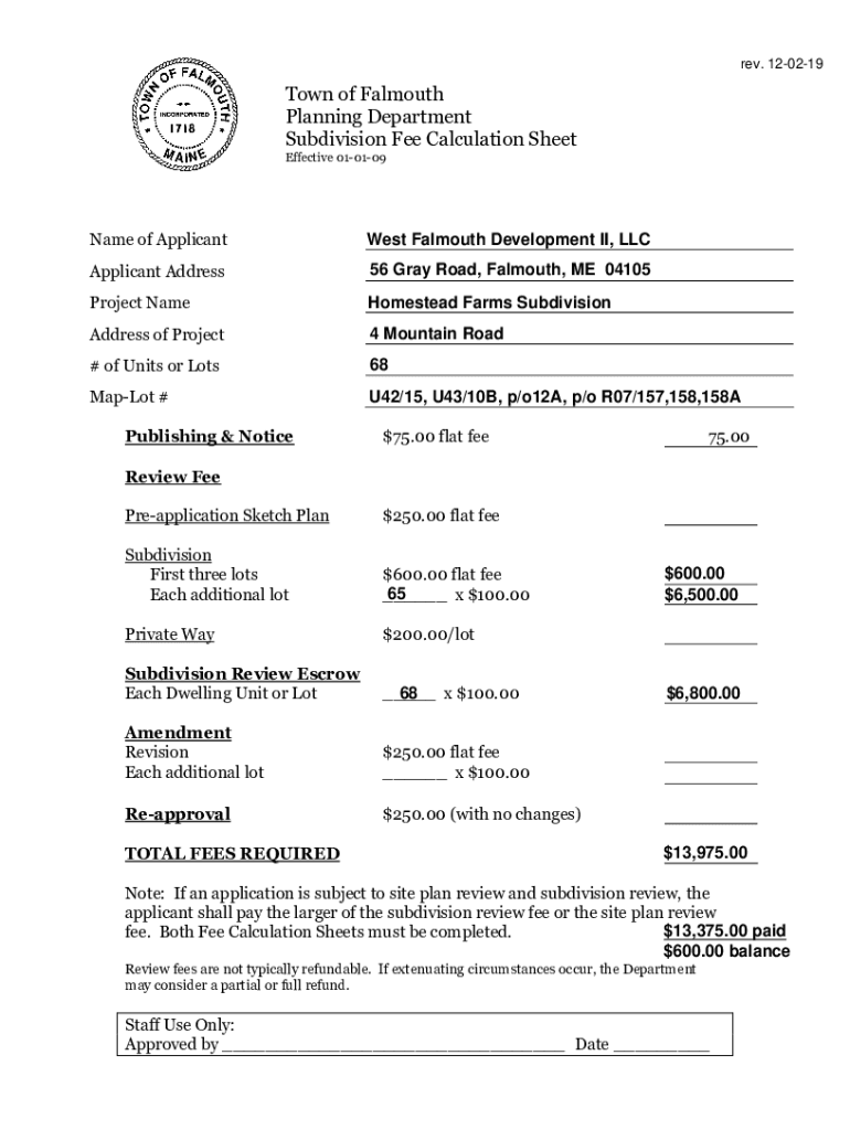 Fillable Online Fee Calulation Sheet Subdiv 10-10-07.doc Fax Email Print - pdfFiller