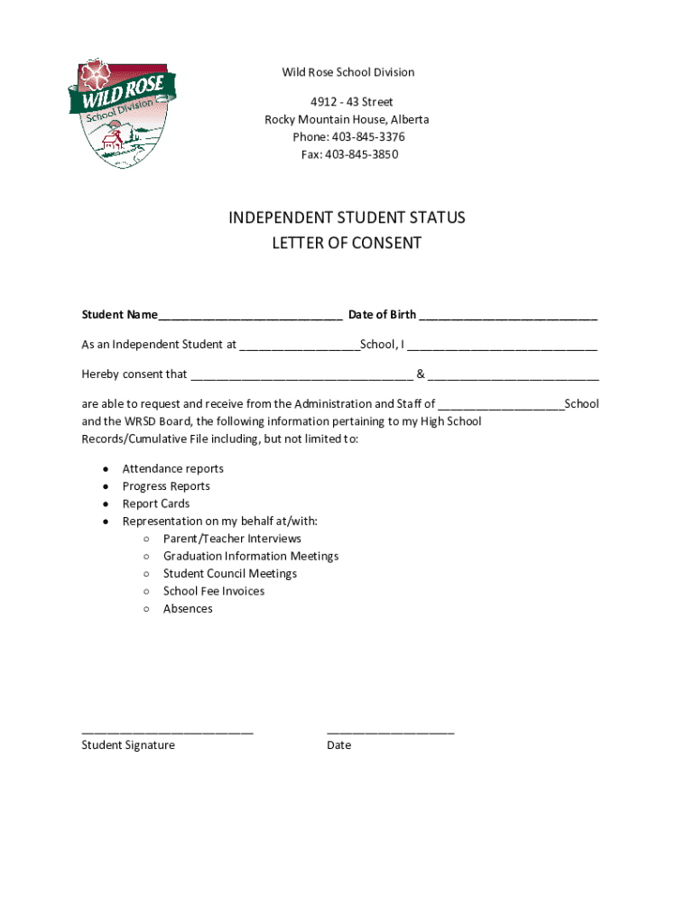 Fillable Online INDEPENDENT STUDENT STATUS LETTER OF CONSENT Fax Email ...