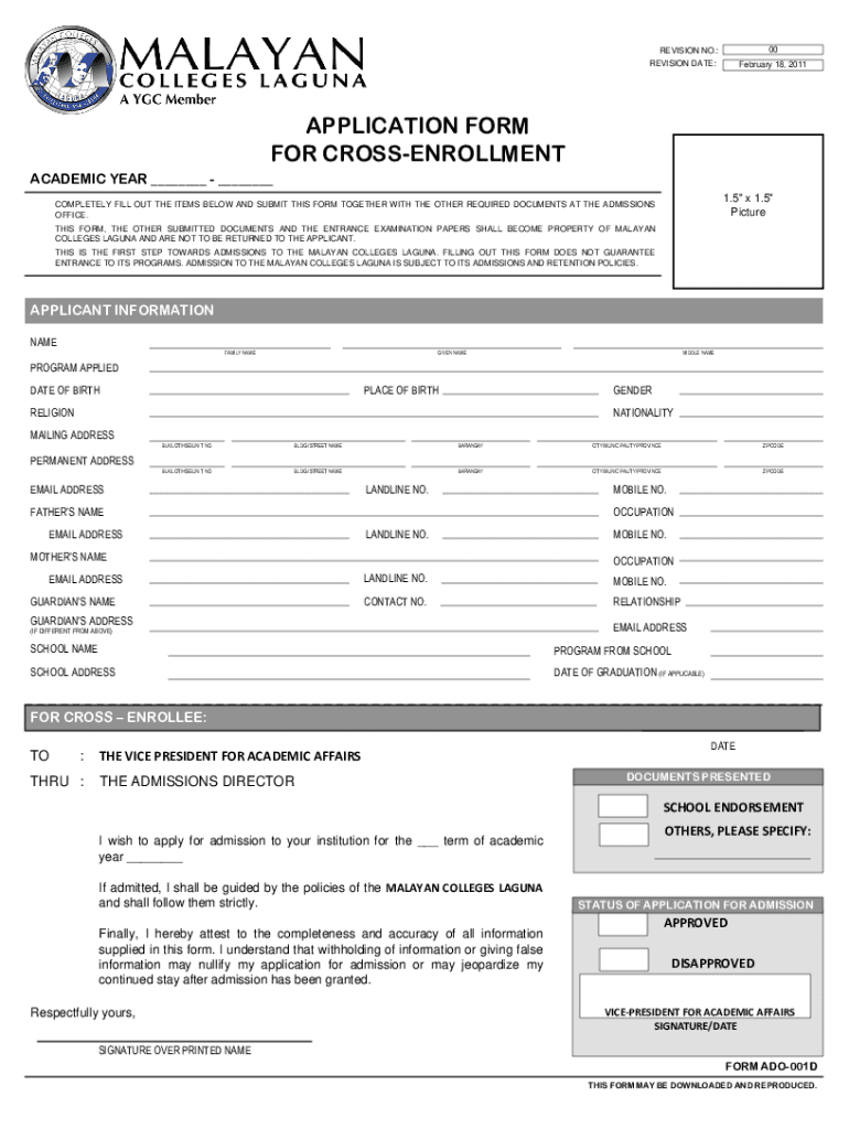 Fillable Online fs mcl edu APPLICATION FORM FOR CROSS-ENROLLMENT Fax ...