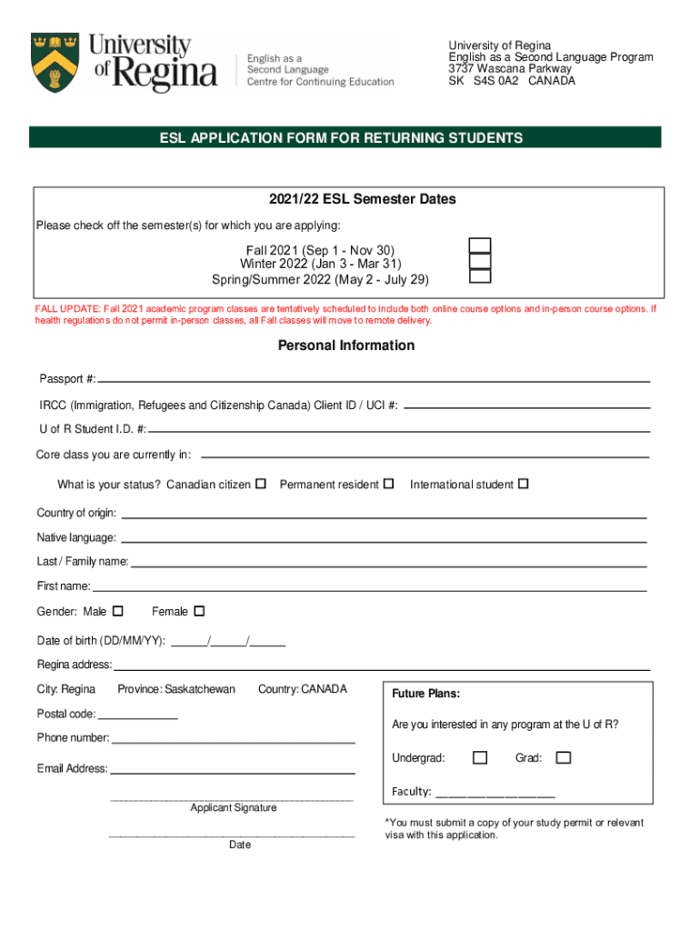Fillable Online esl application form for returning students ...