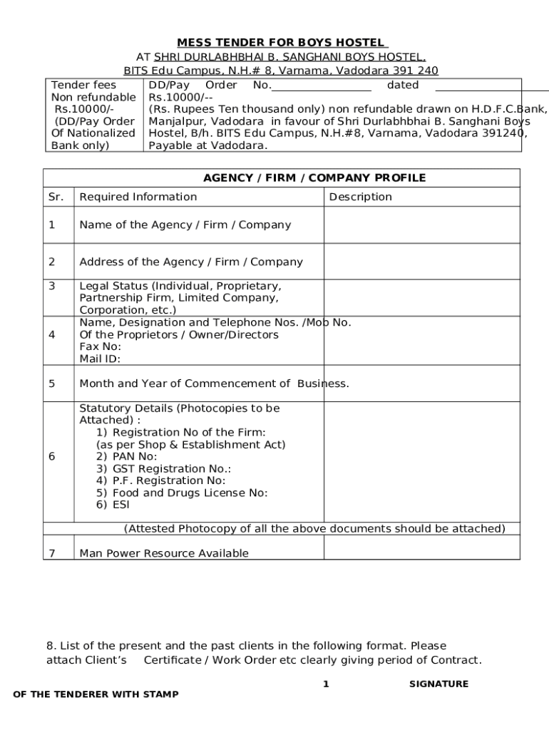 Mess Tender for Boys Hostel - BITSEDUCAMPUS Doc Template | pdfFiller