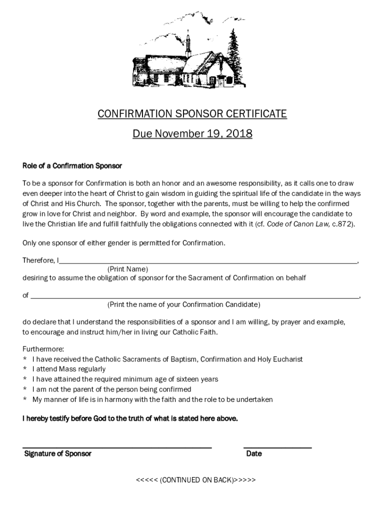 Fillable Online Responsibilities of a Confirmation Sponsor - Catholic ...