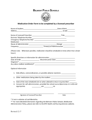 Fillable Online belmont k12 ma Administration of Medication Form ...