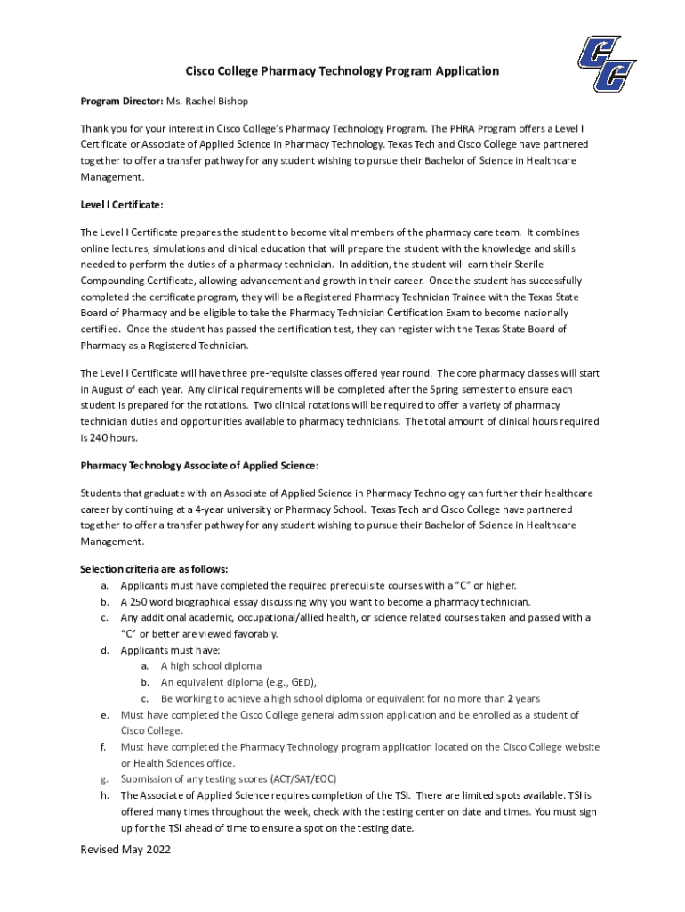 Fillable Online Cisco College Pharmacy Technology Program Application Fax Email Print - pdfFiller