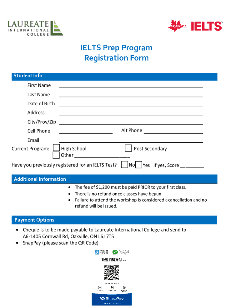 Fillable Online IELTS Prep Program Registration FormLaureate College ...