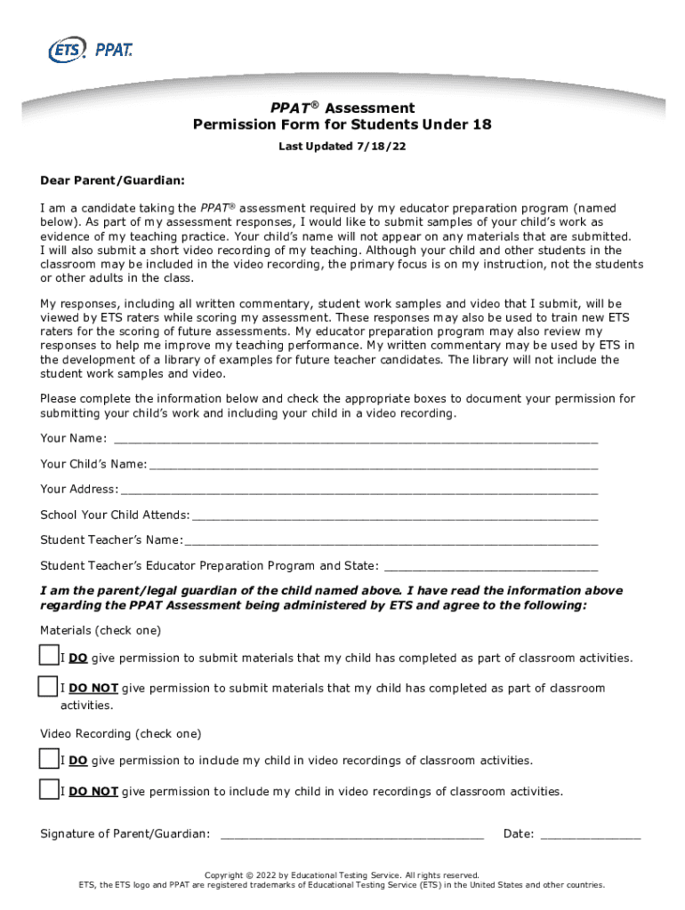 Fillable Online PPAT Assessment Permission Form for Students Under 18 ...