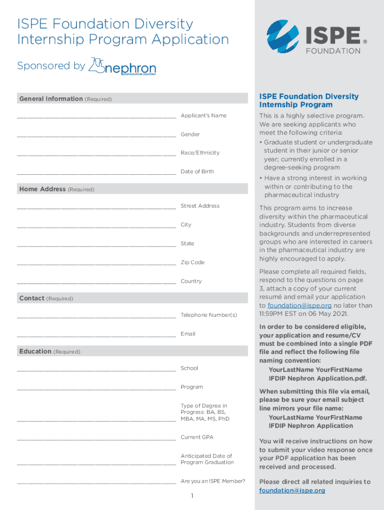Fillable Online ISPE Foundation Diversity Internship Program Application Fax Email Print - pdfFiller
