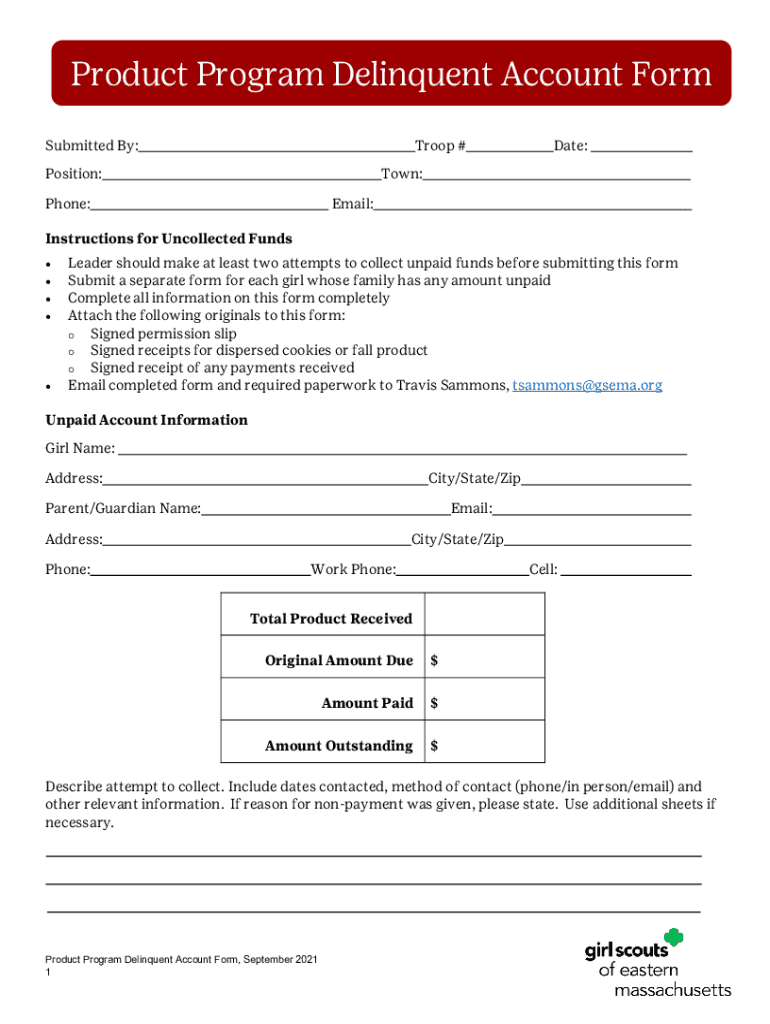 Fillable Online Product Program Delinquent Payment Form (September 2021 ...