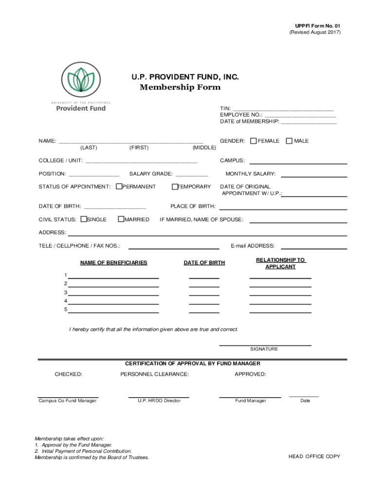 Fillable Online Up Provident Fund Inc Membership Form Fax Email Print Pdffiller