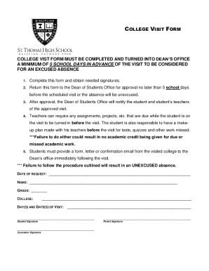 Fillable Online COLLEGE VISIT FORM COLLEGE VIST FORM MUST BE ... Fax ...