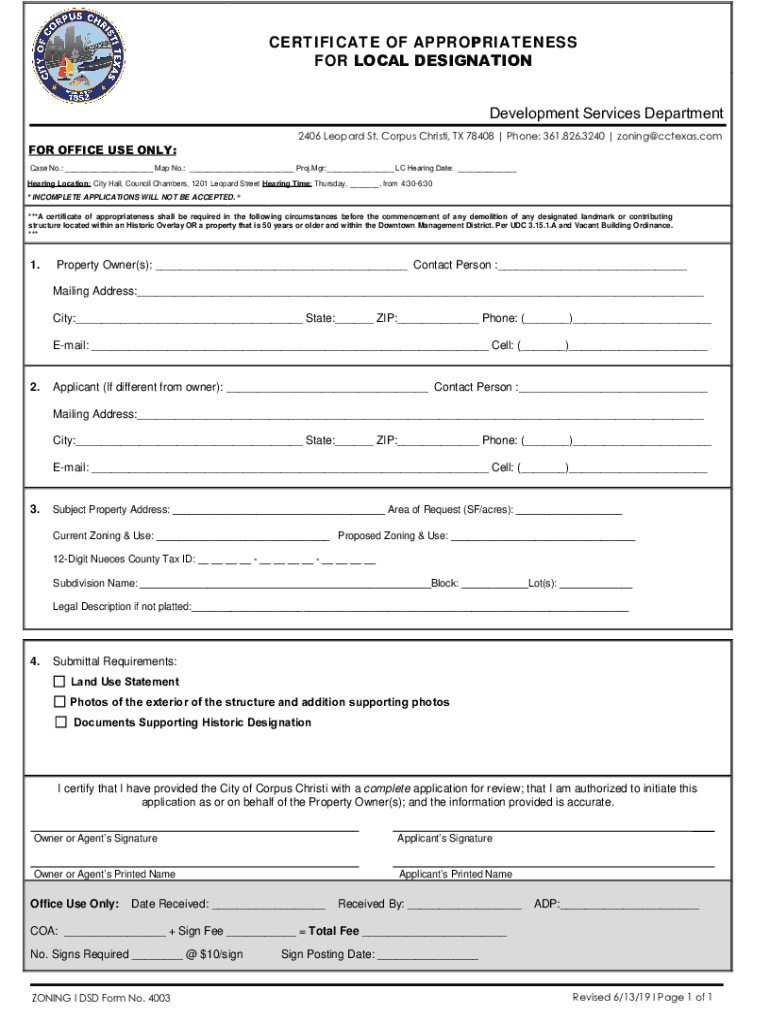 Fillable Online Certificate of Appropriateness for Landmark Designation Fax Email Print - pdfFiller