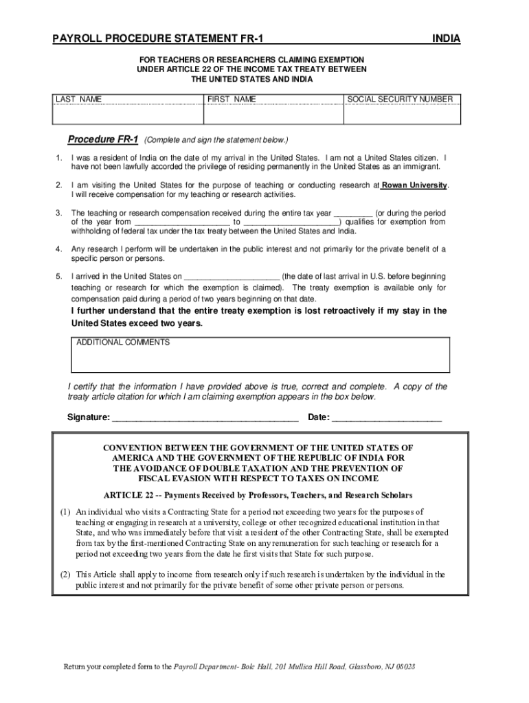 Fillable Online PAYROLL PROCEDURE STATEMENT FR-1 INDIA Fax Email Print - pdfFiller